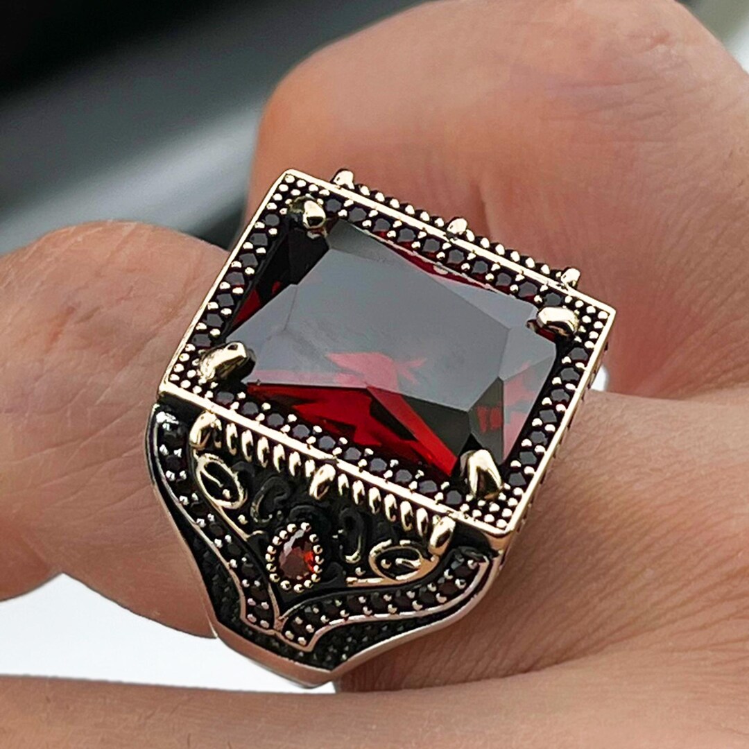 Rectangular Red Garnet Stone Ring for Men, Statement Ring, Handmade ...