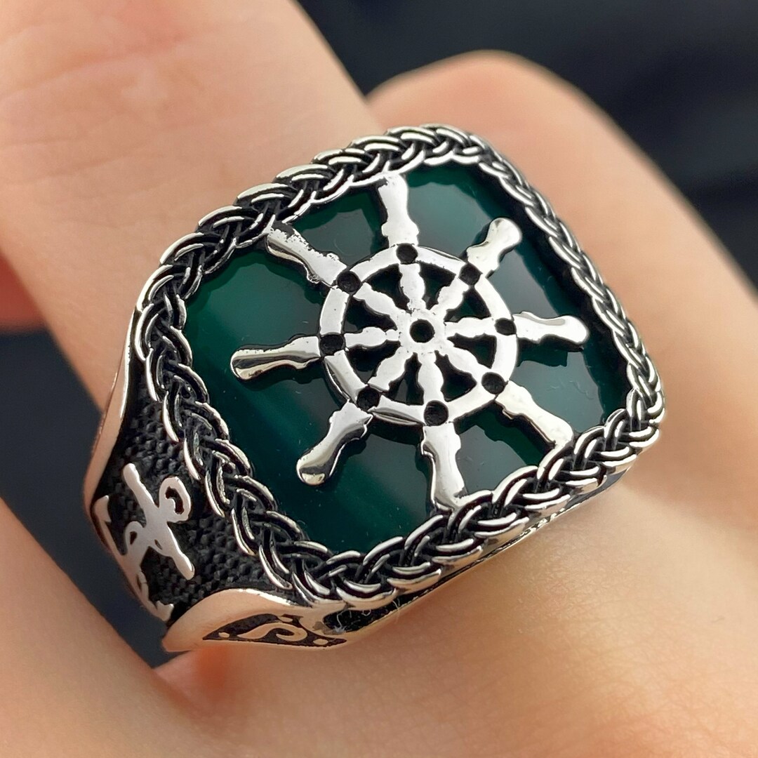 Rudder Men Ring,anchor Men Ring,ship Rudder Men Ring,green Stone Men ...