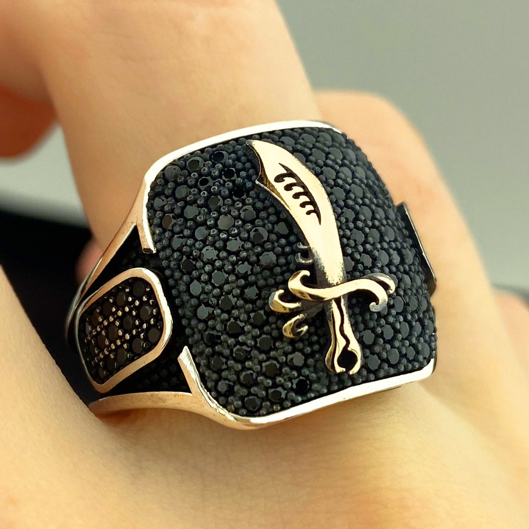Sword Ring Men Black Zirconium Ring Sword Ring Turkish Ring Men Silver ...