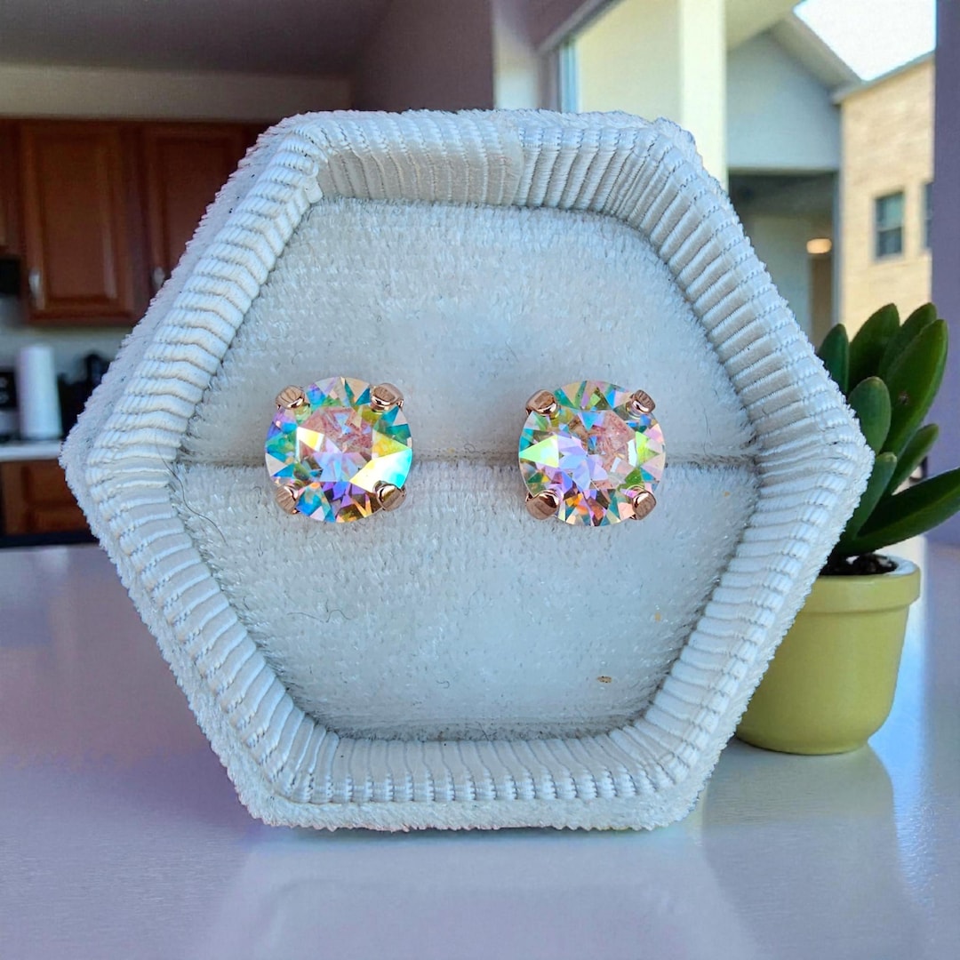 Silk AB Earrings, Austrian Crystals, 8mm Stud or Leverback Earrings ...