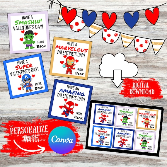 Superhero Valentine Valentine's Day Tag Editable | Etsy