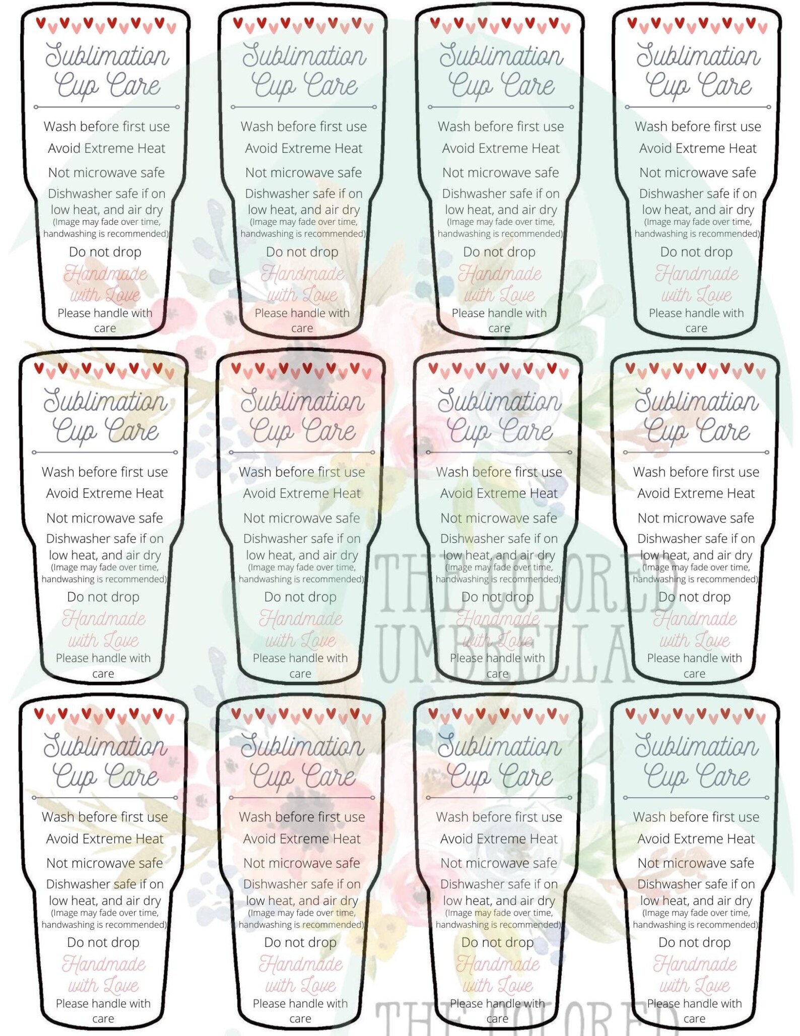 Sublimation Tumbler Care Card Digital Download Ready to Print, Cute ...
