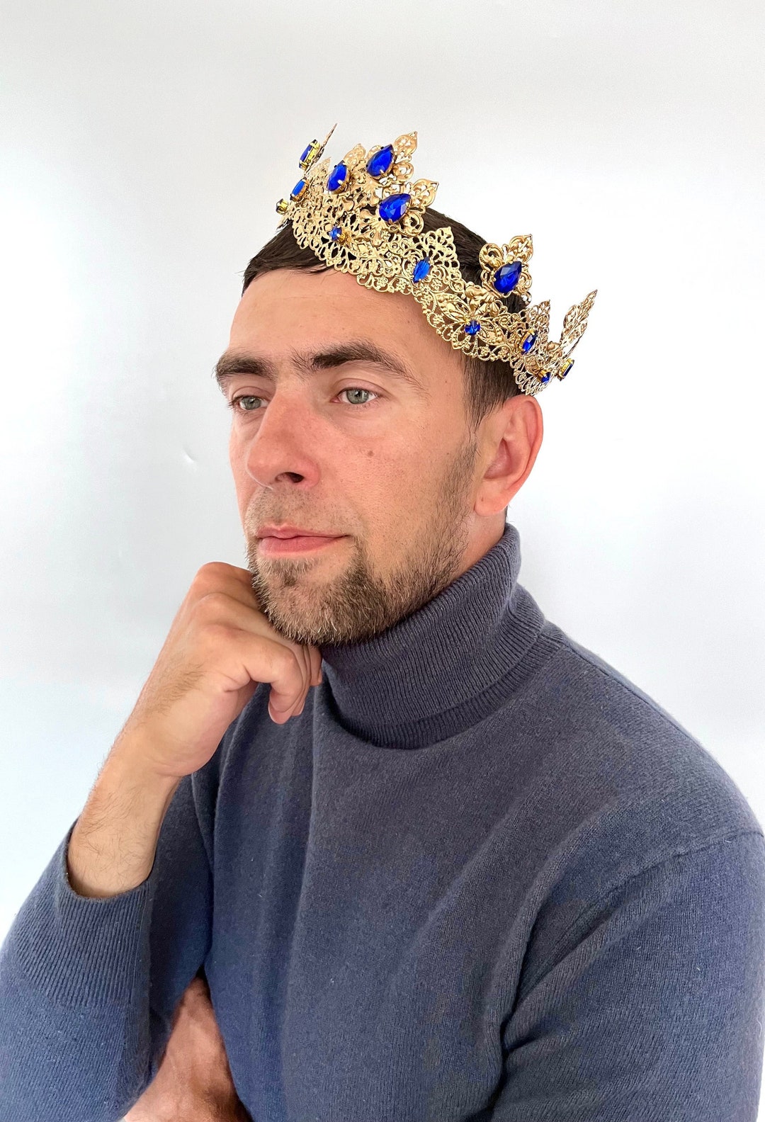 King Crown for Man, Royal Blue Crown, Renaissance Crown, Man's Crown ...