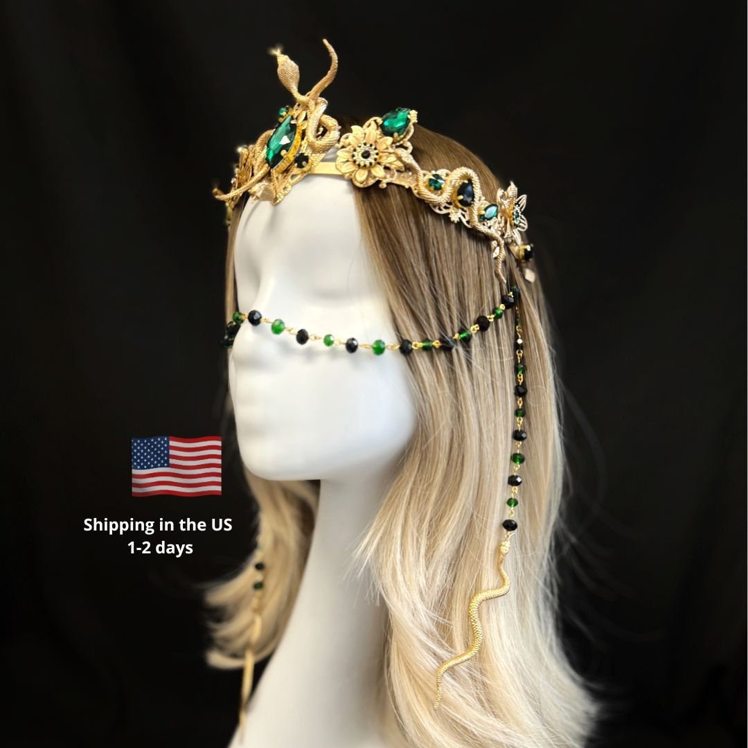 Cleopatra Crown Gold, Medusa Crown With Green Black Stones, Medusa ...