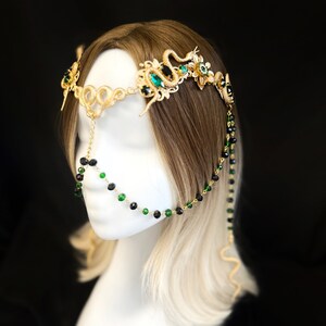 Gold Medusa Crown With Face Chain Green Black, Medusa Headpiece, Medusa ...
