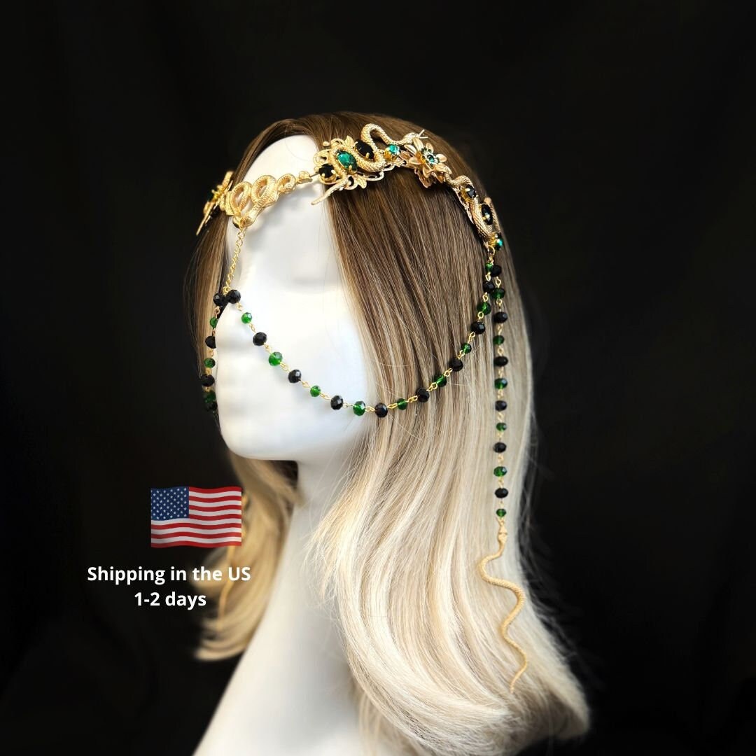 Gold Medusa Crown With Face Chain Green Black, Medusa Headpiece, Medusa ...