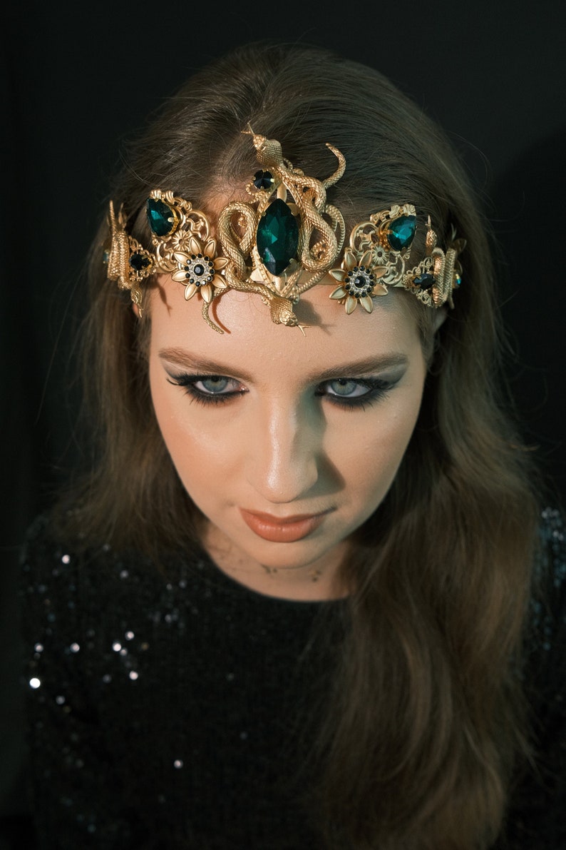 Handmade Medusa Serpent Crown, Gold Green Gemstone Headpiece - Etsy