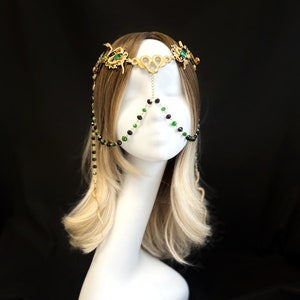 Gold Medusa Crown With Face Chain Green Black, Medusa Headpiece, Medusa ...