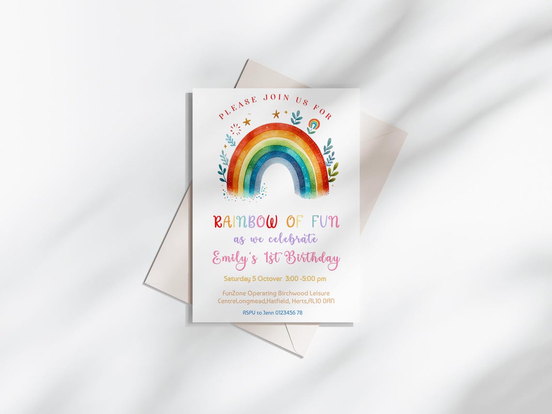 Editable Rainbow Birthday Invitation, Cute Birthday Invite for Kids ...