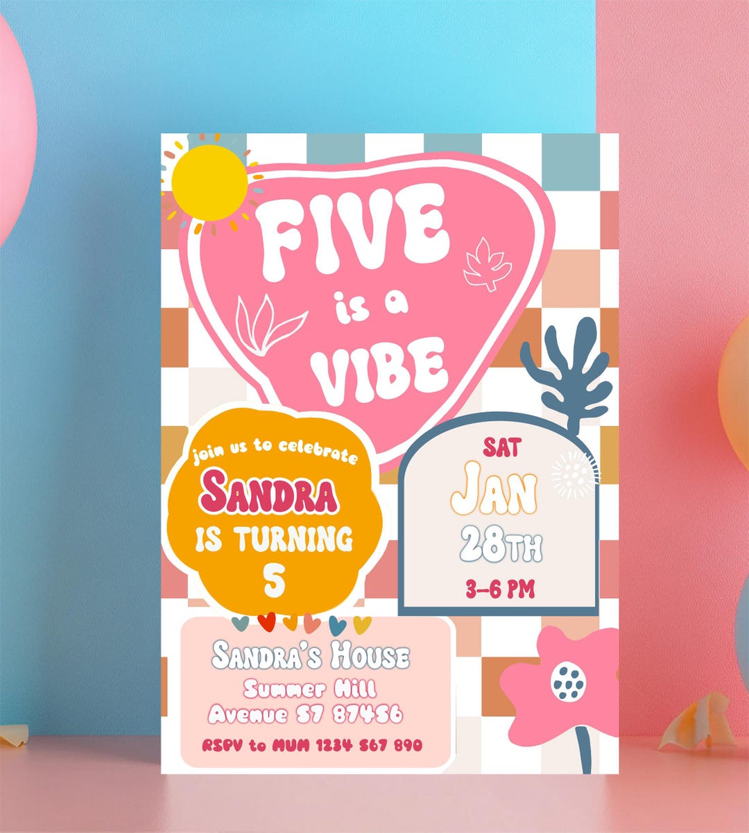 Editable FIVE is a Vibe, High Five Birthday Invitation, Groovy Retro ...