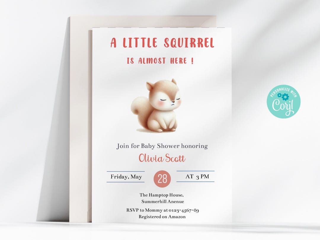 Editable Woodland Squirrel Baby Shower Invitation Set | Custom Digital ...