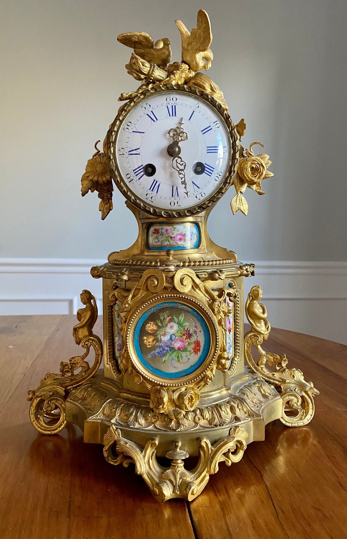 Stunning Antique Gilt Metal Mantel Clock With Hand-painted Porcelain ...