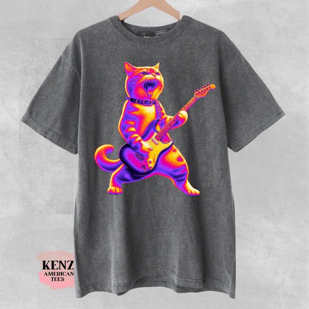 Rock Cat Playing Guitar Vintage Shirt, Retro Funny Guitar Cat T-shirt ...