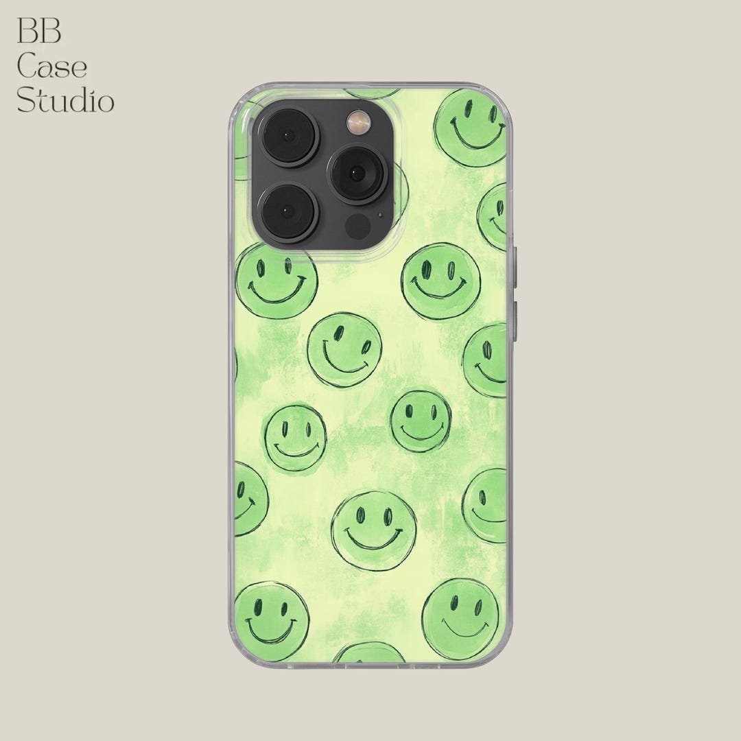 Green Smiley Phone Case Emoji Cover for iPhone 16e, 14, 13, 12, 11, SE ...