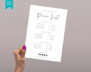 Black Price List Template Editable Price Sheet Small - Etsy Canada