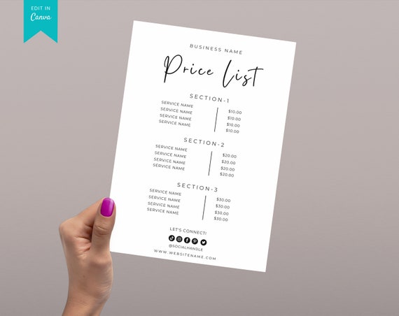 Editable Price List Template Printable Price Sheet Small - Etsy