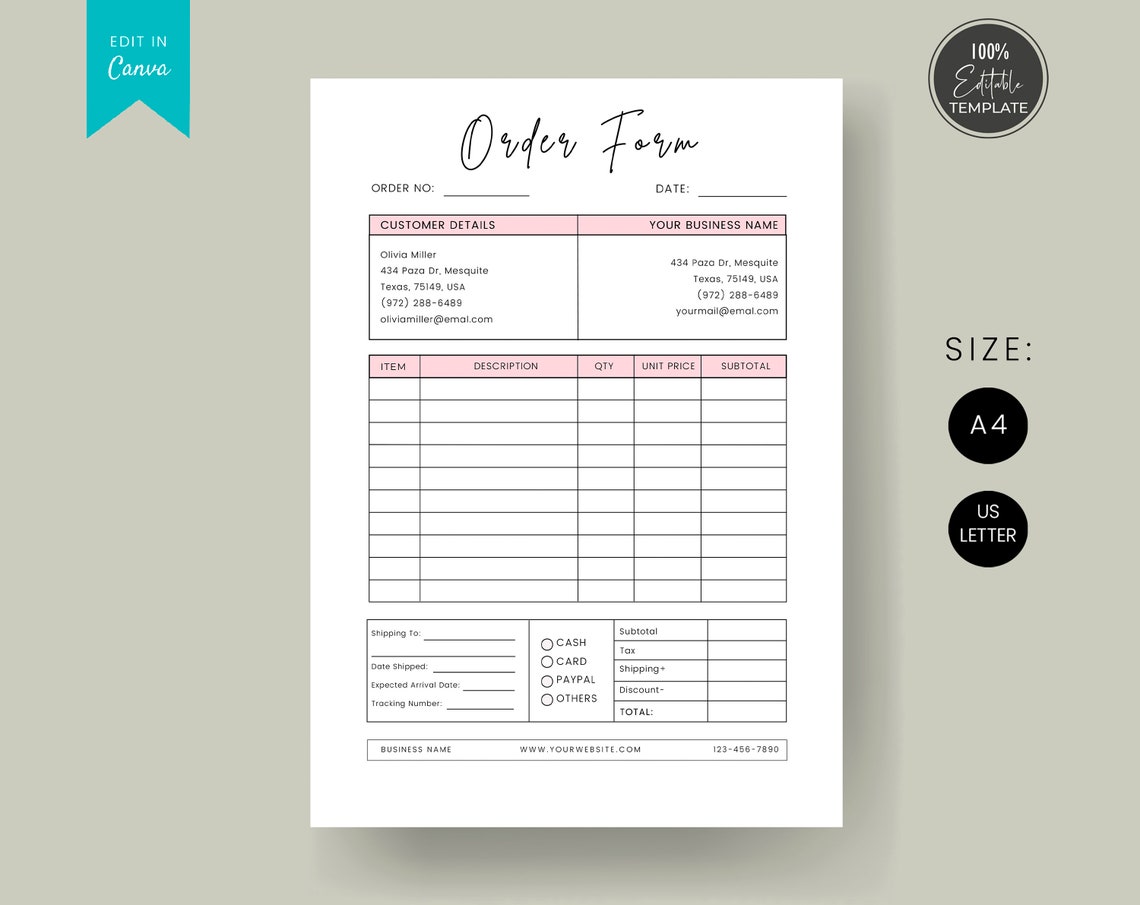 Editable Order Form Template Printable Small Business Order - Etsy