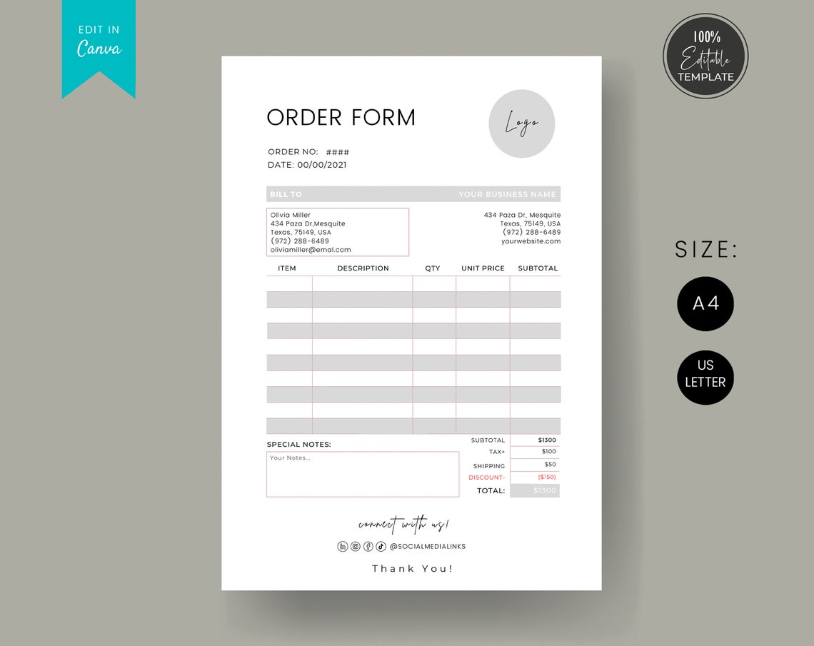 Editable Order Form Template Printable Small Business Order - Etsy