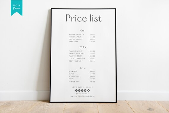 Editable Price List Template Printable Price Sheet Small | Etsy