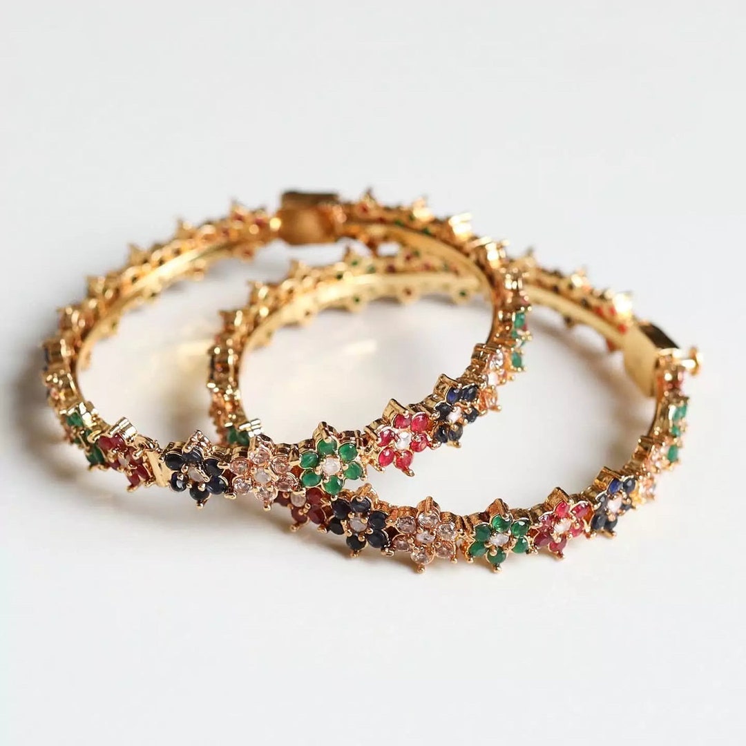 Navratan Jadau Delicate Pair of Bracelets/kada/bangle/openable/multicolor/handmade/ruby Pink ...