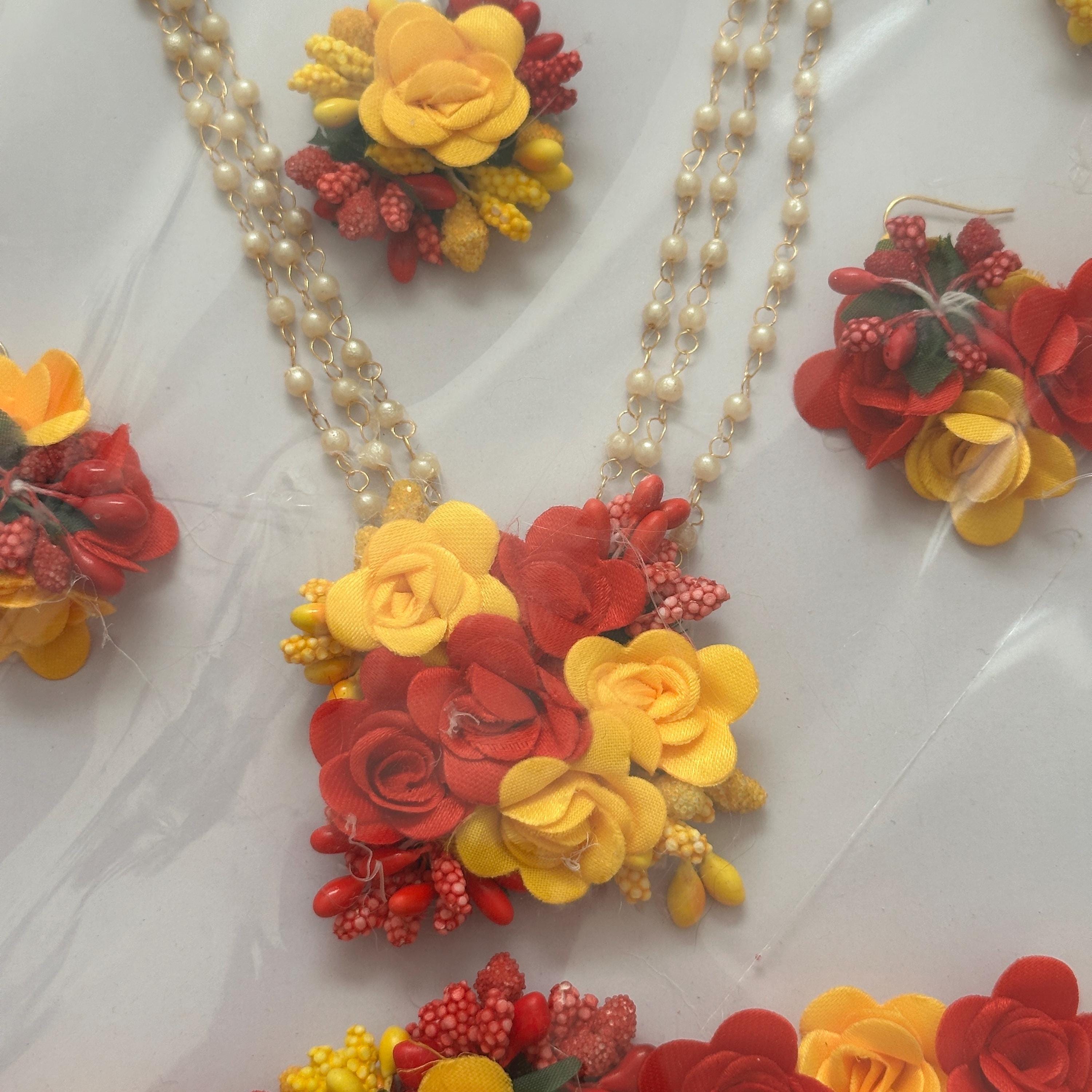 Haldi Mehndi Floral Jewelry Set | Handmade Yellow Flower Necklace ...