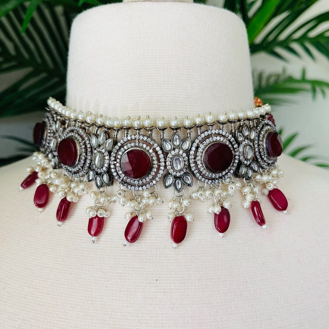 Dabi Kundan Victorian Finish and Stone Necklace Choker Set/ Indian ...