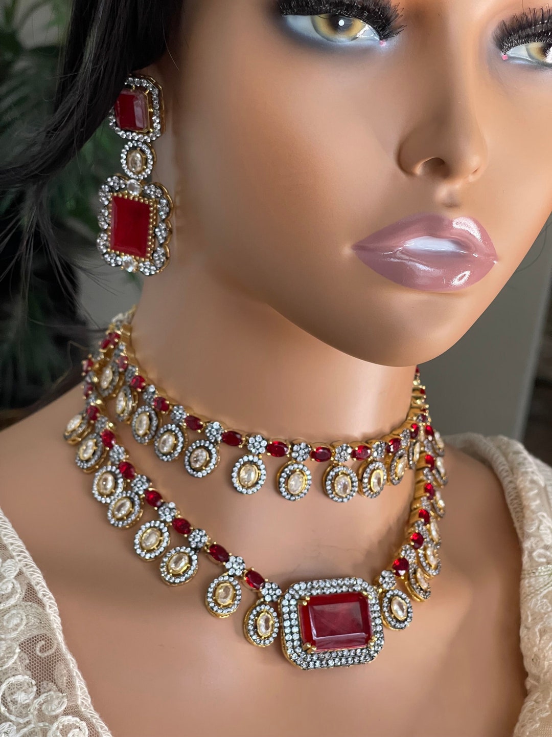 Dazzling Ruby Red Big Doublet Choker Necklace Set, Victorian,uncut ...