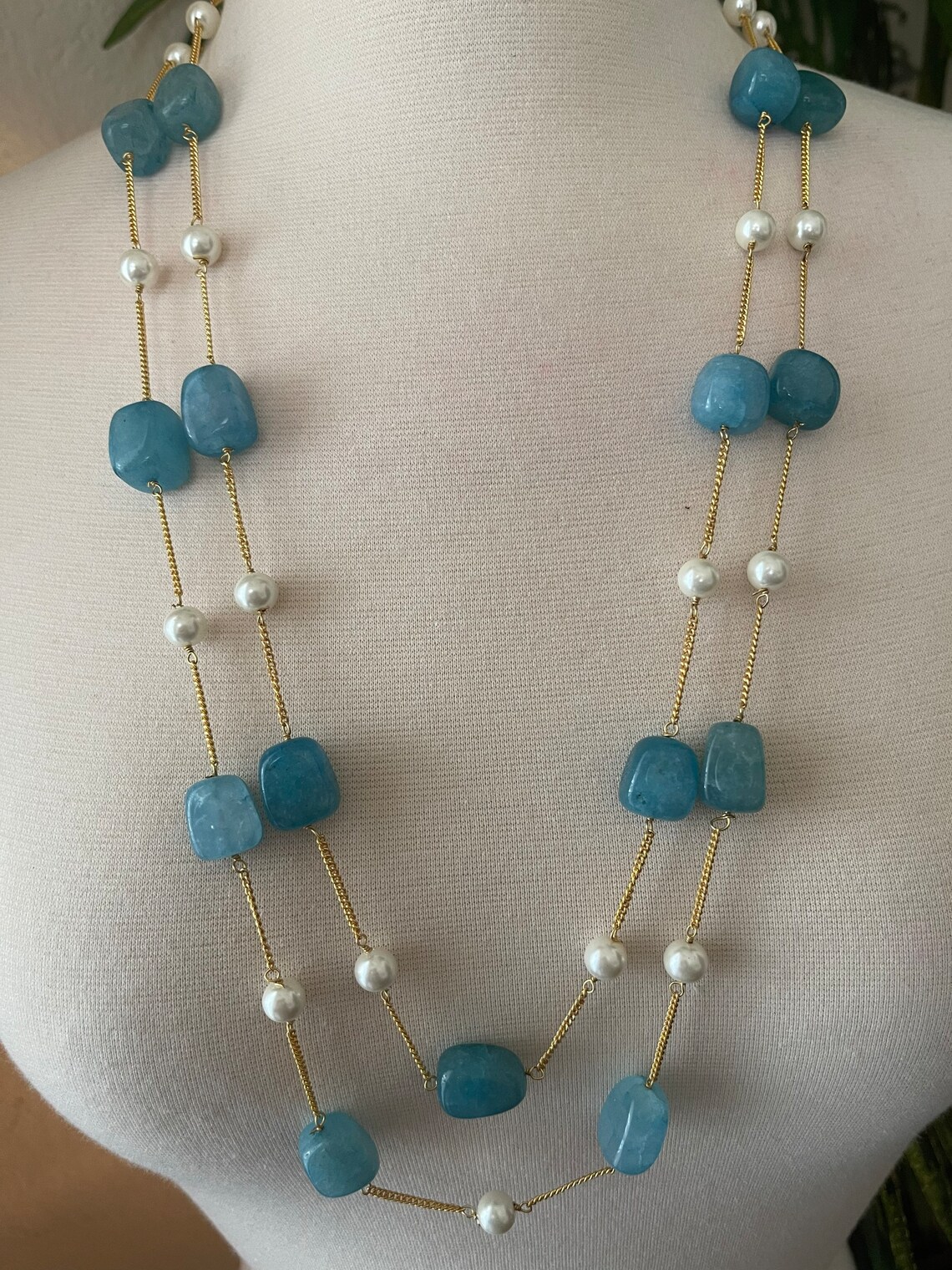 Long, Double Layered Mala With Tumble Stone and Pearl Beads Set/western ...