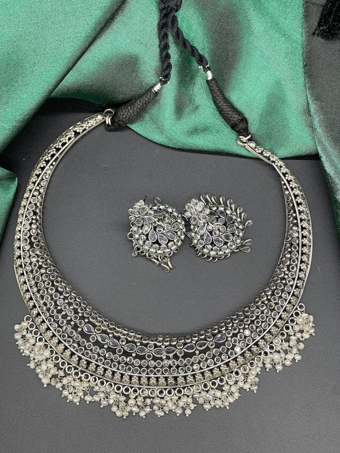 92.5 Silver Polki Hasli/ Neck Piece/choker With Real Freshwater Pearls ...