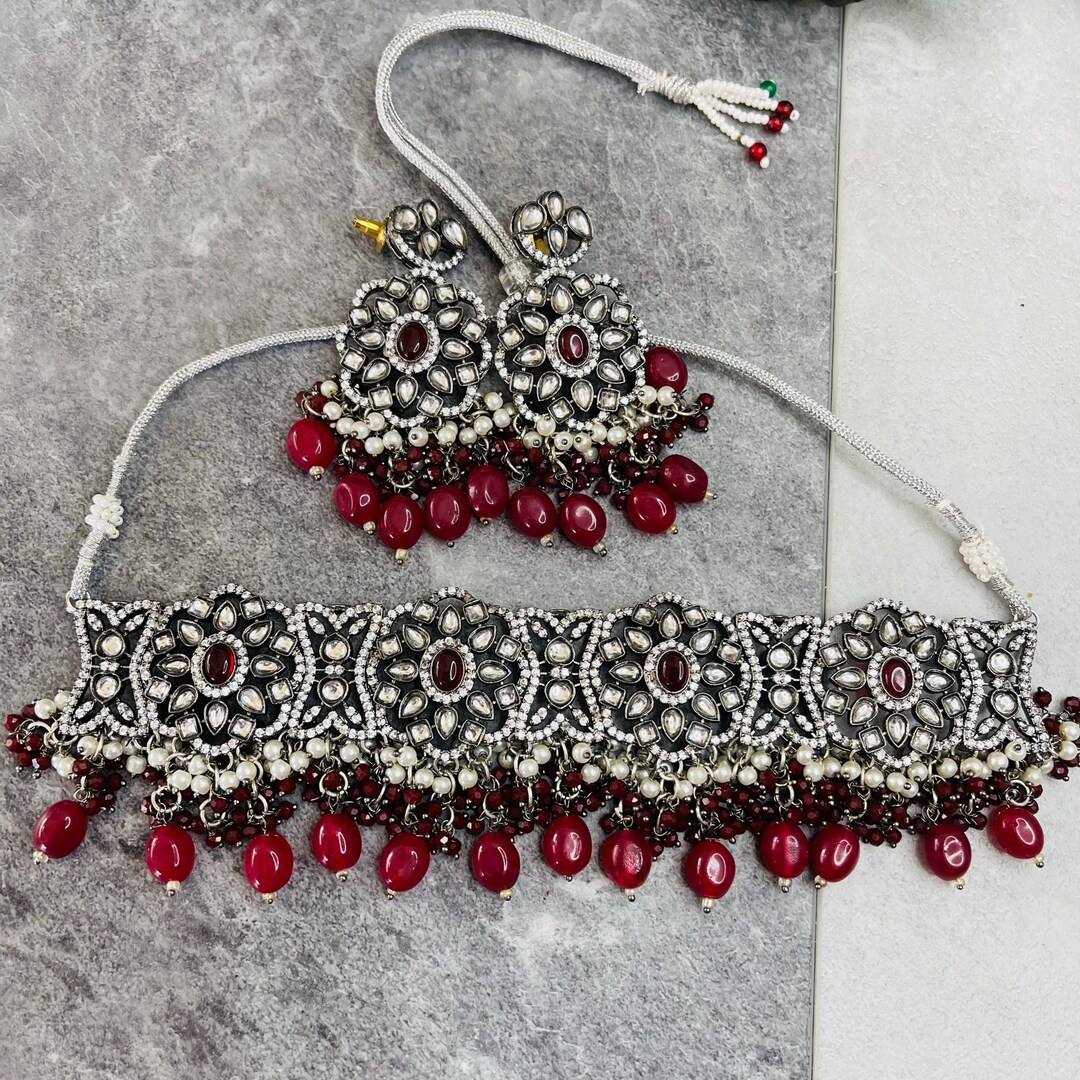 Dabi Kundan Victorian Finish and Stone Necklace Choker Set/ Maroon Red ...
