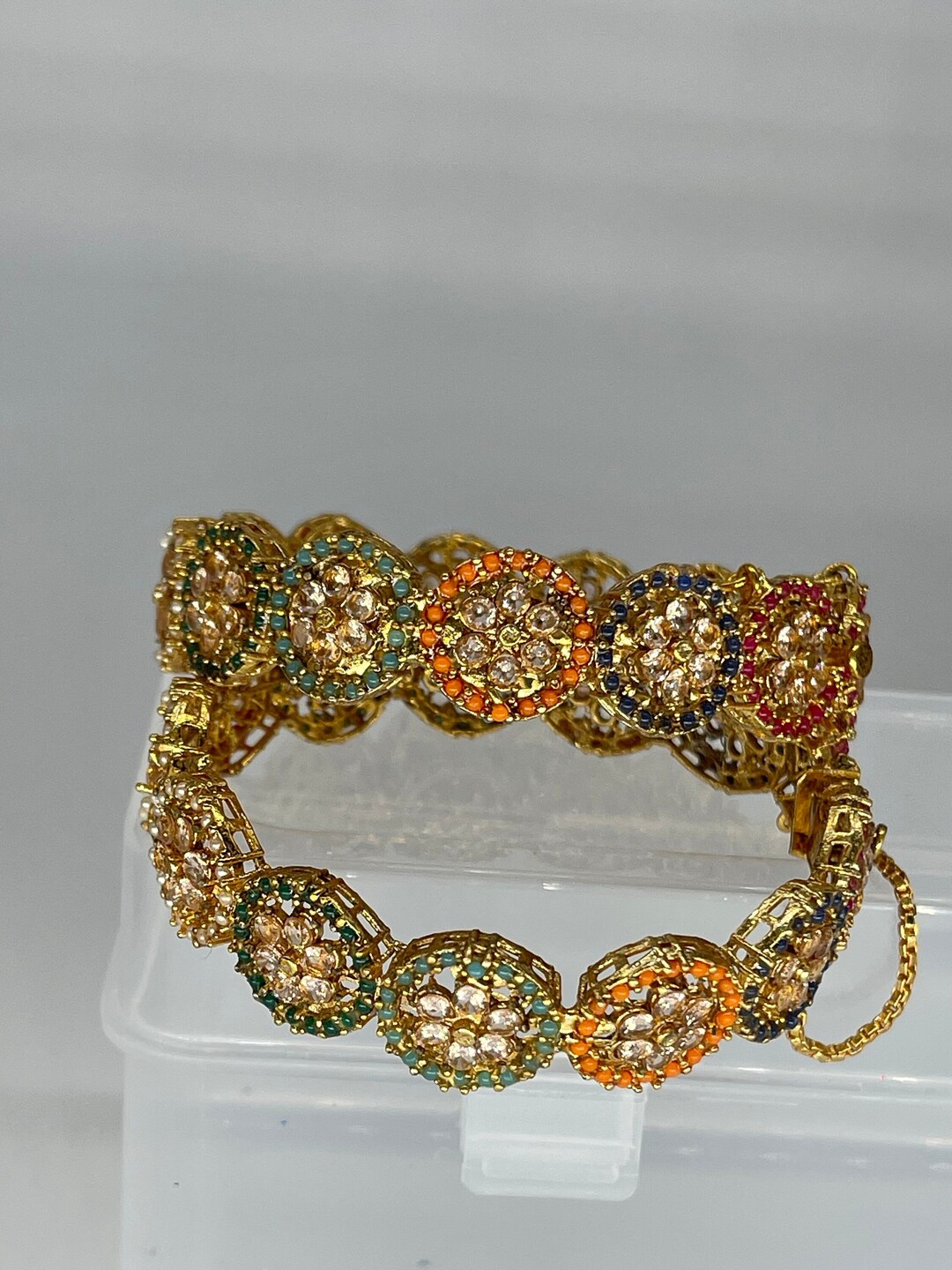 Navratan Jadau Delicate Pair of Bracelet/kada/bangle/openable/multicolor/handmade/champagne ...