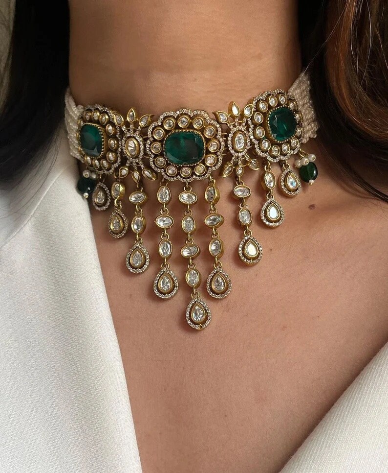 Premium Quality Branded Polki Kundan Necklace Emerald Kundan Choker ...