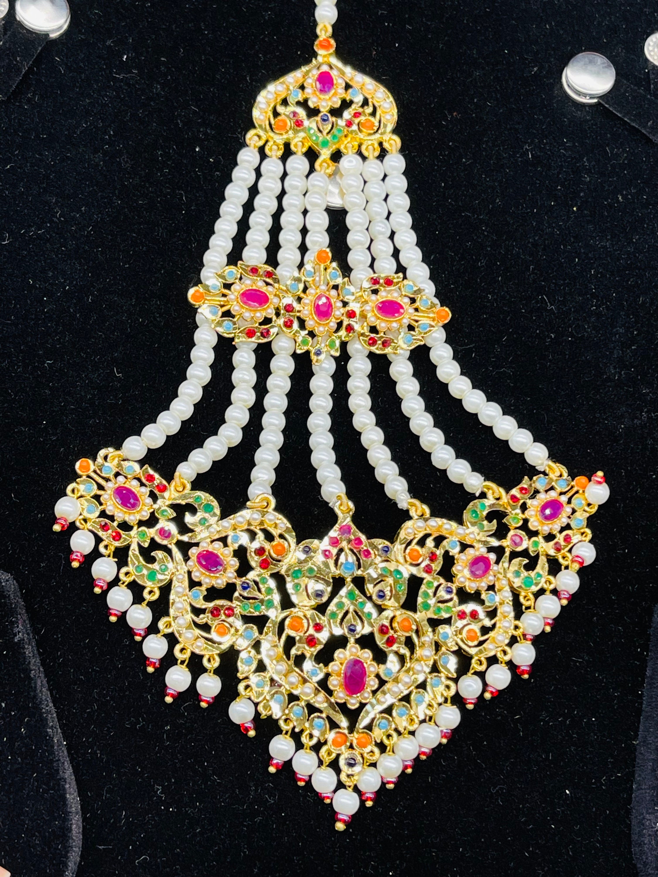 A Delicate Jhoomar Enriched With Naurattan Stones/head Gear With Pearl ...