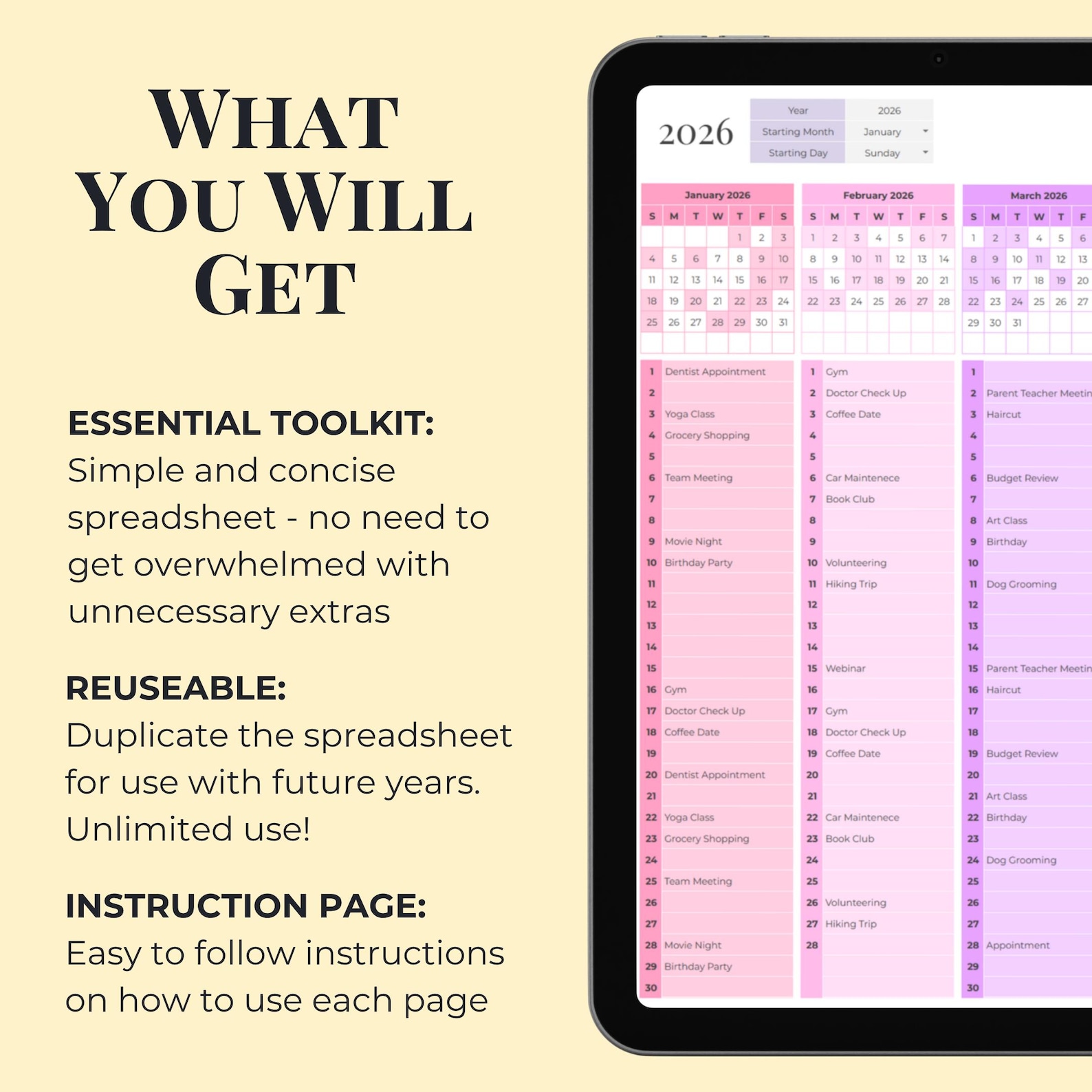 Year at A Glance Calendar Google Sheets Microsoft Excel Full Annual ...
