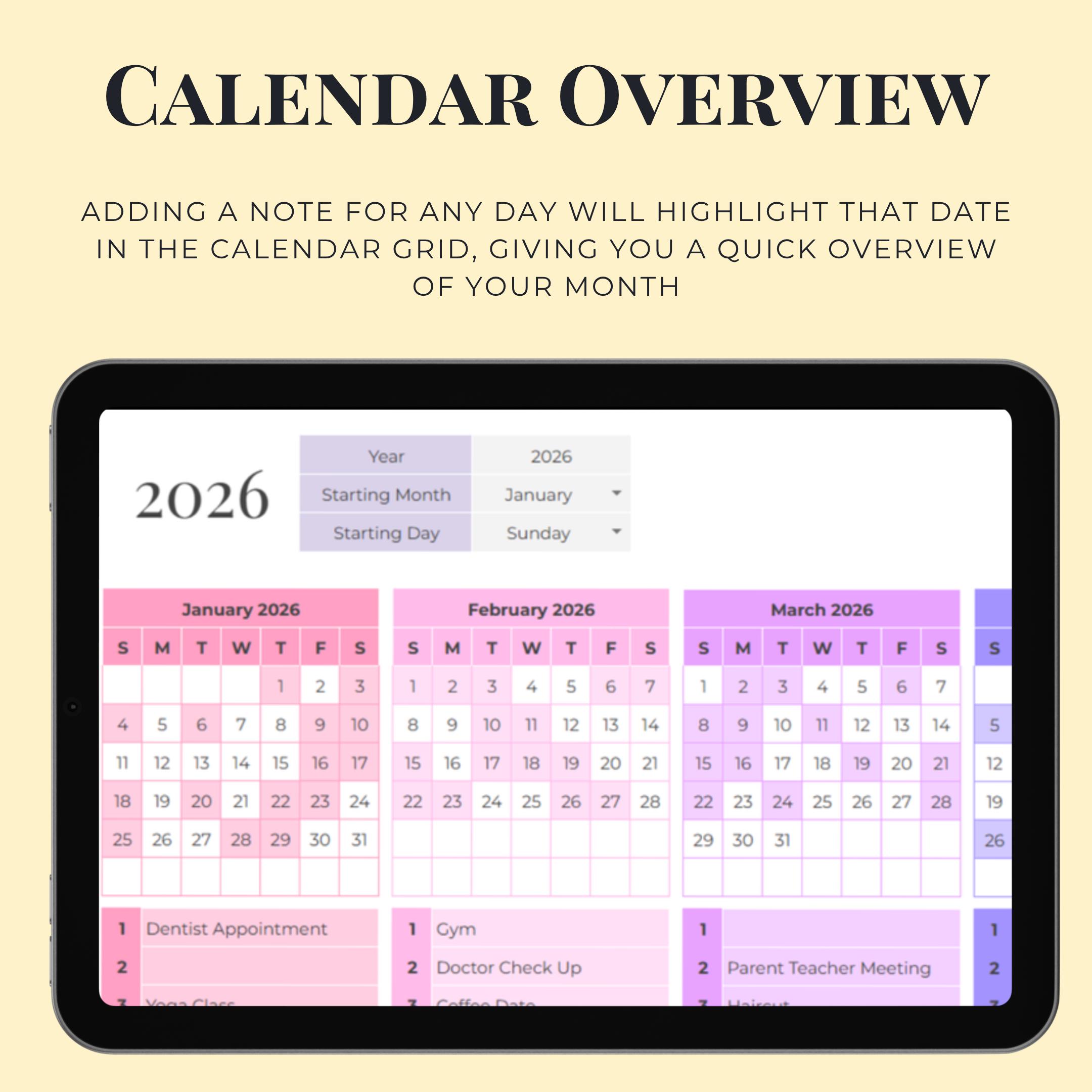 Year at A Glance Calendar Google Sheets Microsoft Excel Full Annual ...