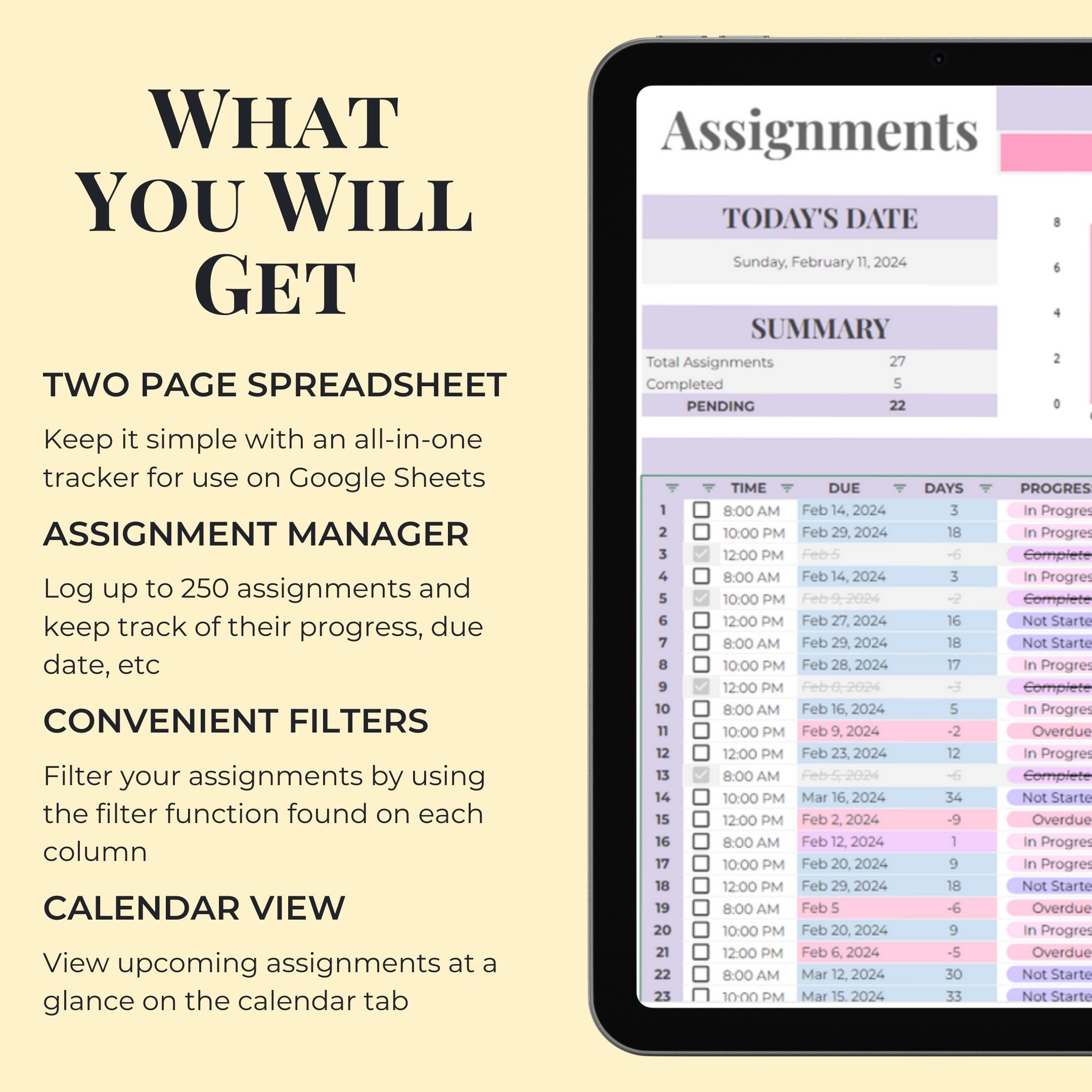 Google Sheets Assignment Tracker Student Planner Academic Template