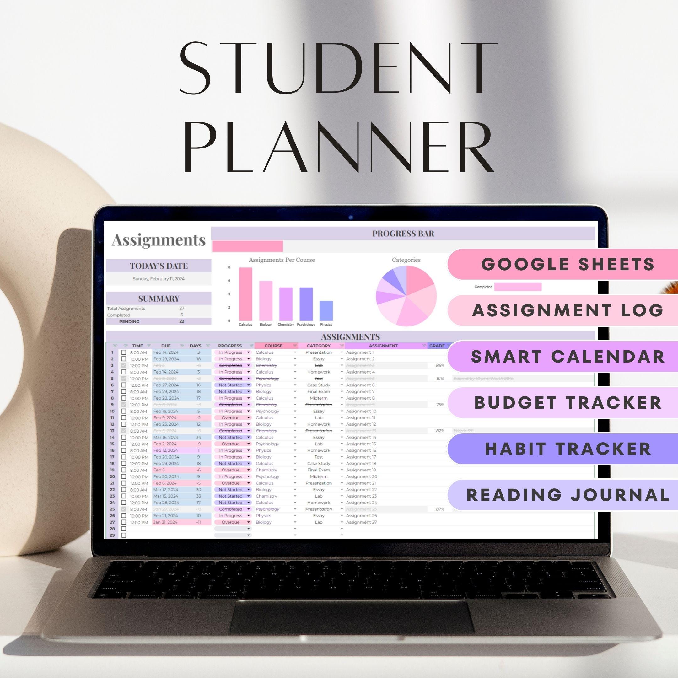 Academic Student Planner: Google Sheets Spreadsheet Template for School ...