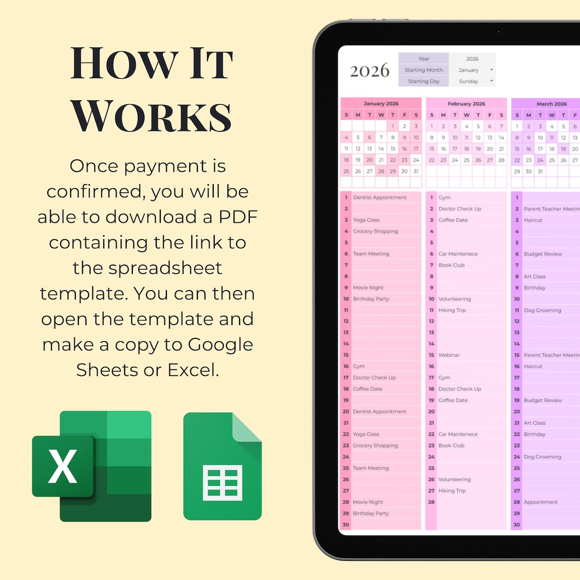 Year at A Glance Calendar Google Sheets Microsoft Excel Full Annual ...