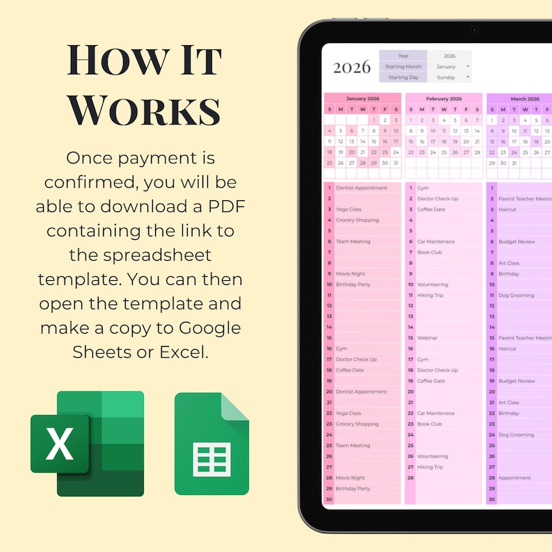 Year at A Glance Calendar Google Sheets Microsoft Excel Full Annual ...