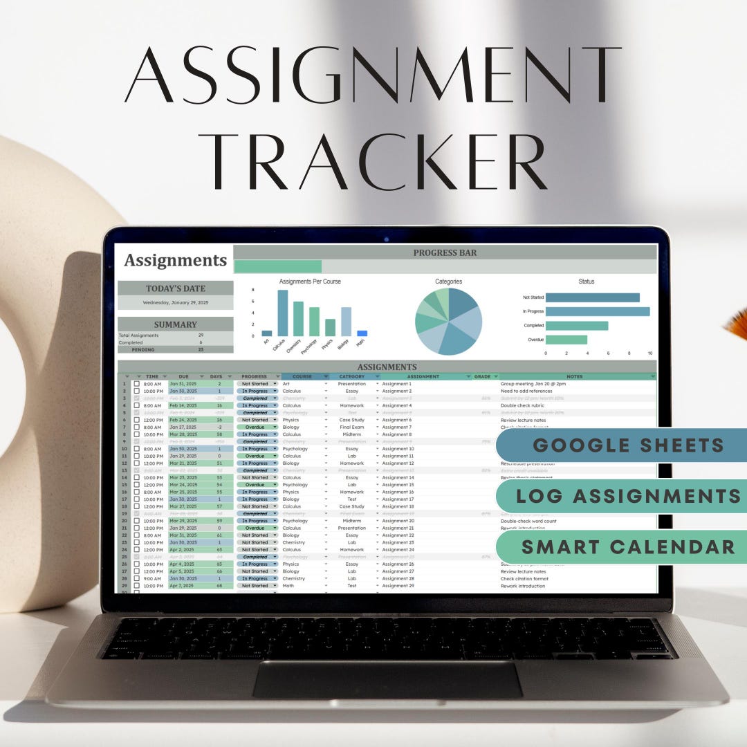 Google Sheets Assignment Tracker Student Planner Academic Template ...