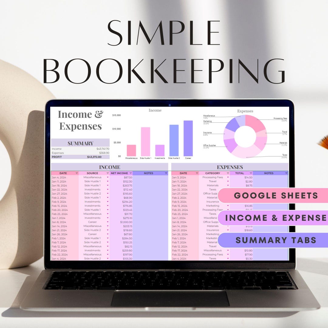 Google Sheets Bookkeeping Spreadsheet Small Business Income Expense Log ...