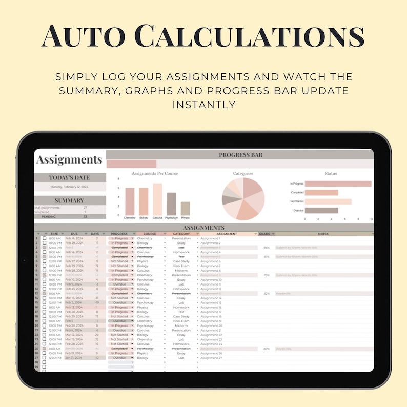 Google Sheets Assignment Tracker Neutral Student Planner Academic ...