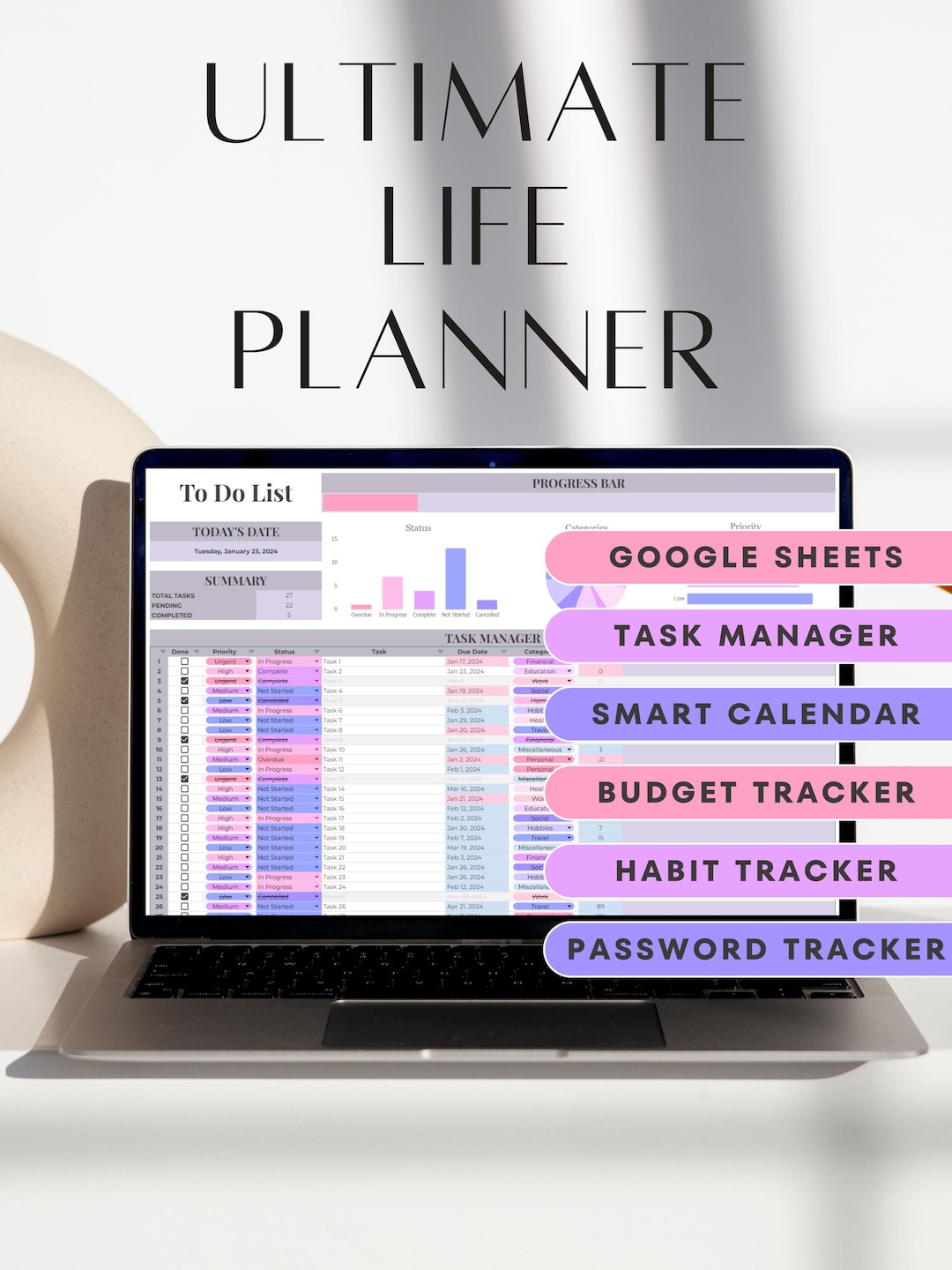 Google Sheets Life Planner Spreadsheet Budget Tracker Template Task to ...