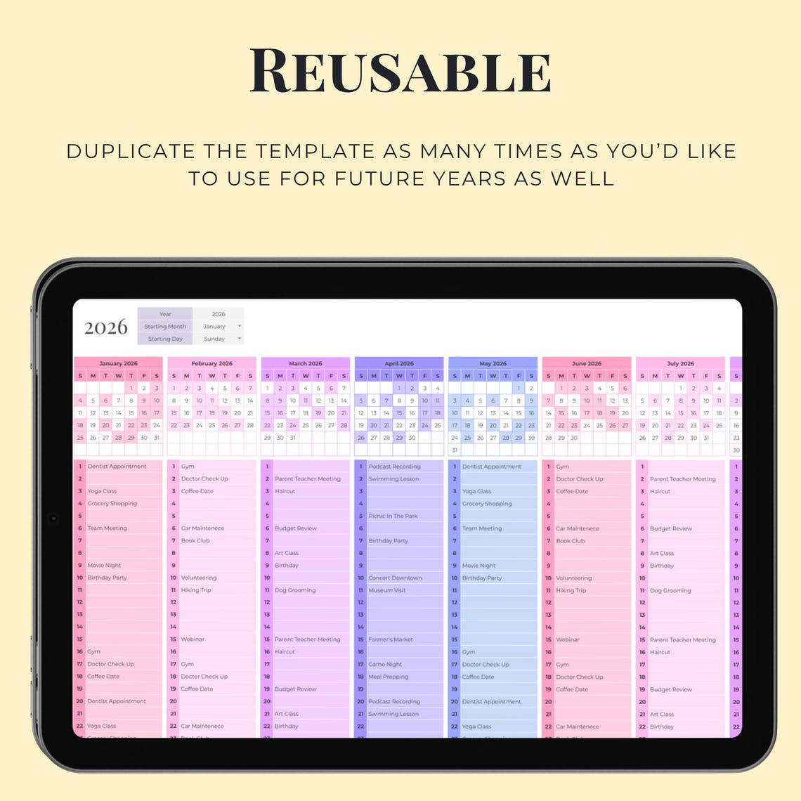 Year at A Glance Calendar Google Sheets Microsoft Excel Full Annual ...