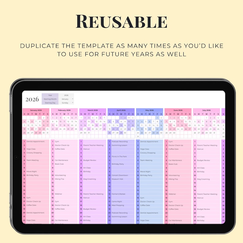 Year at A Glance Calendar Google Sheets Microsoft Excel Full Annual ...