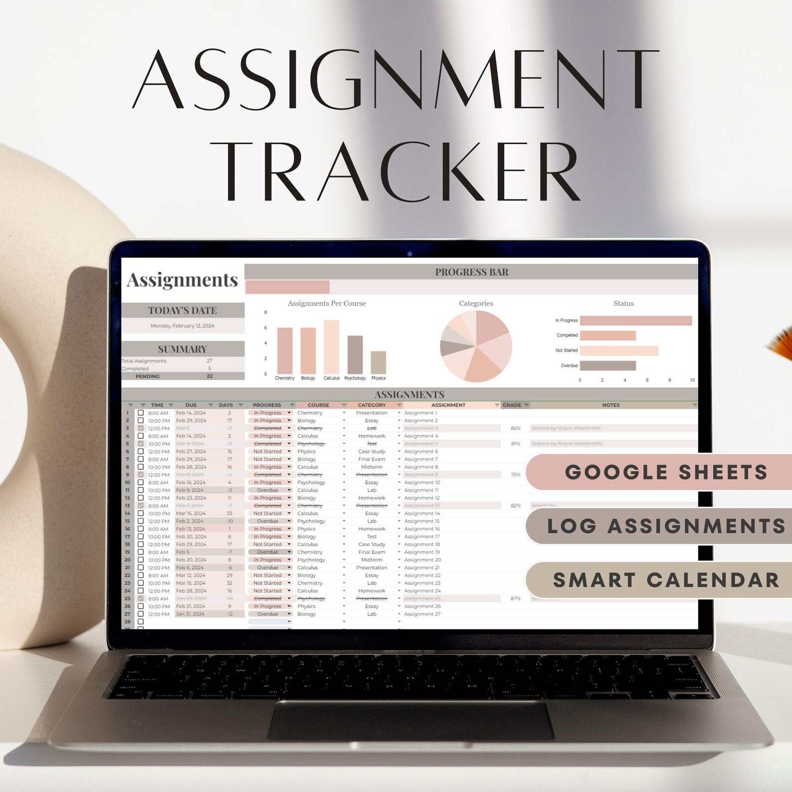 Google Sheets Assignment Tracker Neutral Student Planner Academic ...