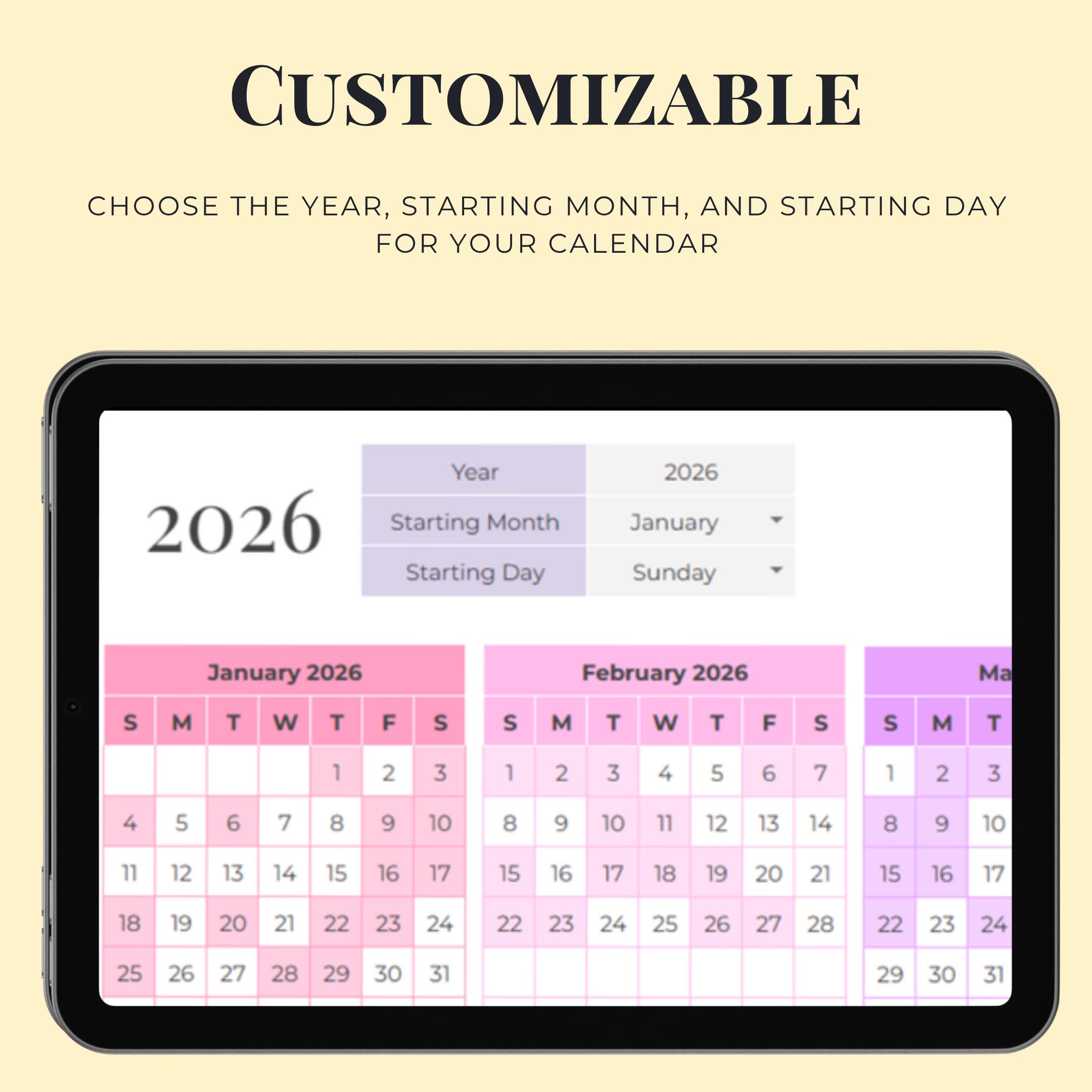 Year at A Glance Calendar Google Sheets Microsoft Excel Full Annual ...