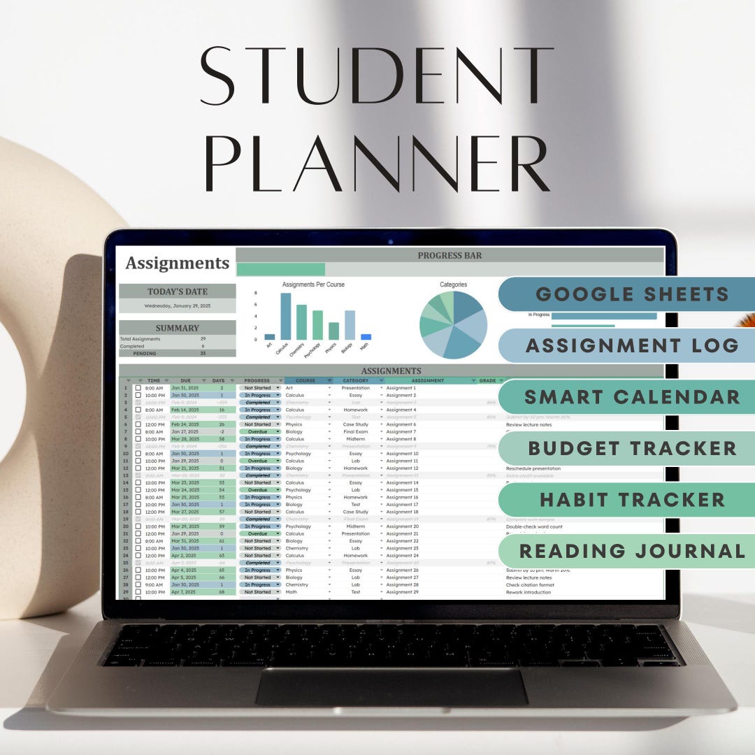 Academic Student Planner: Google Sheets Spreadsheet Template for School ...