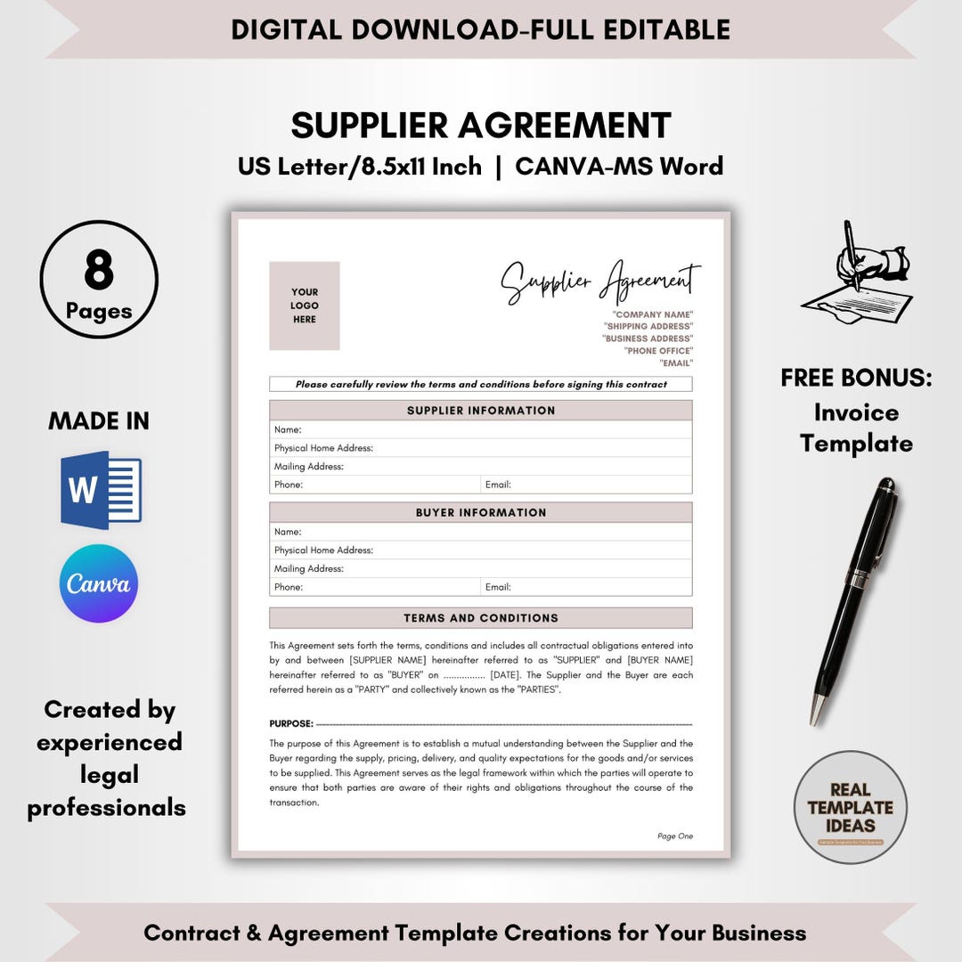 Supplier Agreement Template, 8 Pages DIY Editable, Product Supply ...