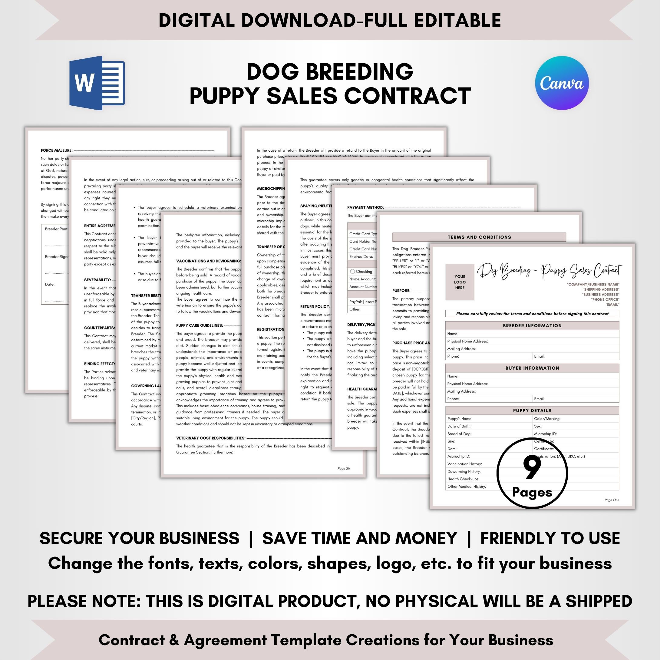Dog Breeding Contract Template Bundle, 7 Dog Breeder Contract Terms ...